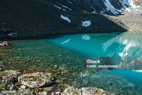 투명한 물과 돌 바닥이있는 청록색 산악 호수가있는 아름다운 경치 햇빛에 맑은 수면을 가진 푸른 빙하 호수 산호수 근처의 하얀 눈과 녹색 이끼 0명에 대한 스톡 사진 및 기타