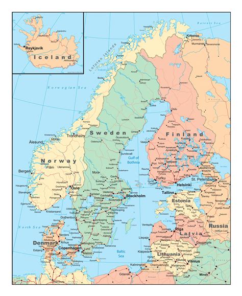 Mapa político de Escandinavia con carreteras y ciudades Suecia