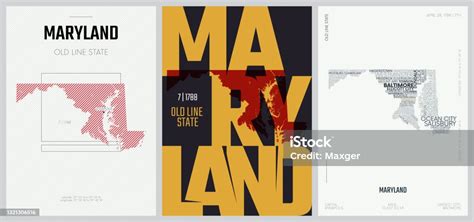 50 세트 중 7 세트 이름과 3 디자인 스타일에서 미국 주 포스터 상세한 벡터 아트 프린트 메릴랜드 지도 메릴랜드 주에 대한 스톡 벡터 아트 및 기타 이미지 Istock