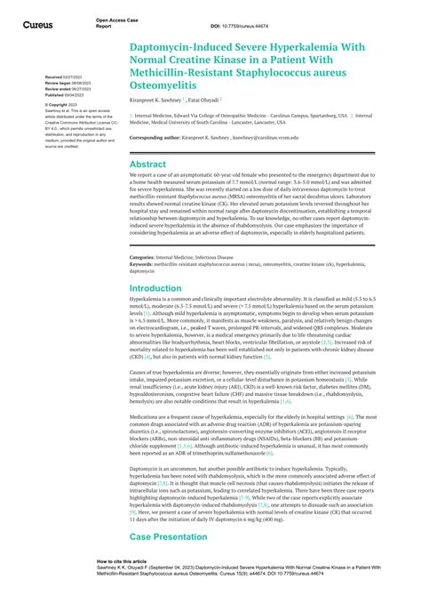 Pdf Daptomycin Induced Severe Hyperkalemia With Normal Creatine