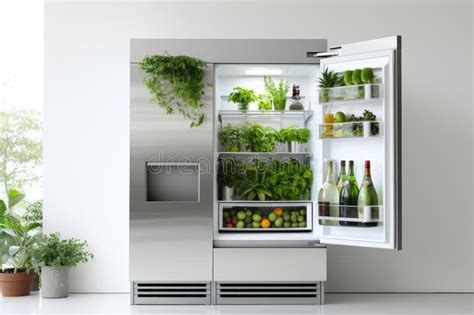 Kitchen Interior With Fully Stocked Refrigerator Showcasing An Assortment Of Food And Beverage