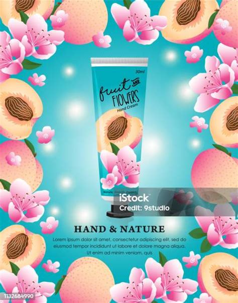 핸드 크림 포장 디자인 스킨케어 광고 또는 잡지 배경에 대 한 미용 템플릿입니다 살구 과일과 살구 꽃 벡터 일러스트입니다 핸드크림에 대한 스톡 벡터 아트 및 기타 이미지