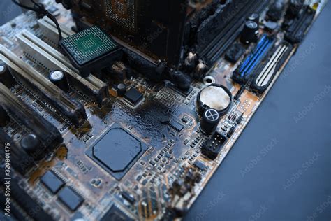 Desktop Computer Burned Damage After Fire Burning CPU GPU Video Card Memory Chip Cooler