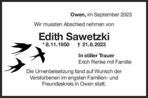 Trauer Edith Sawetzki 09 09 2023 Teckbote Trauerportal
