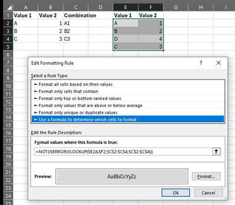 Excel Conditional Formatting Help Compare Concat Cells And Format Rangetable By Row Based