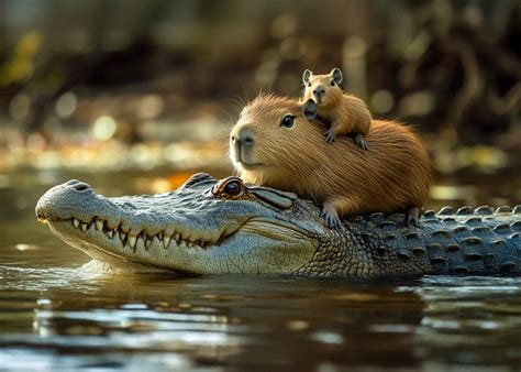 Capybaras And Alligator Poster Picture Metal Print Paint By Art