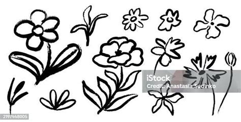 고립 된 배경에 간단한 선형 꽃 손으로 그린 식물 그림 Doodle Flowers And Leaves 클립아트 야생 식물과 허브를 그리는 잉크 0명에 대한 스톡 벡터 아트