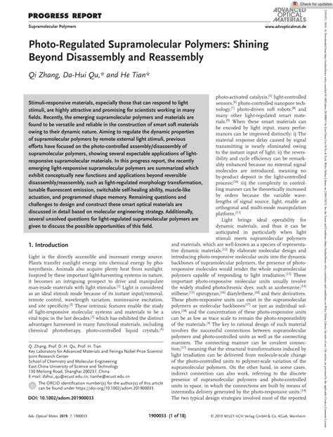 Pdf Photo Regulated Supramolecular Polymers Shining Beyond Disassembly And Reassembly