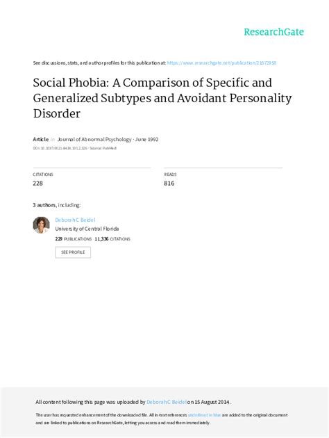 Pdf Social Phobia A Comparison Of Specific And Generalized Subtypes