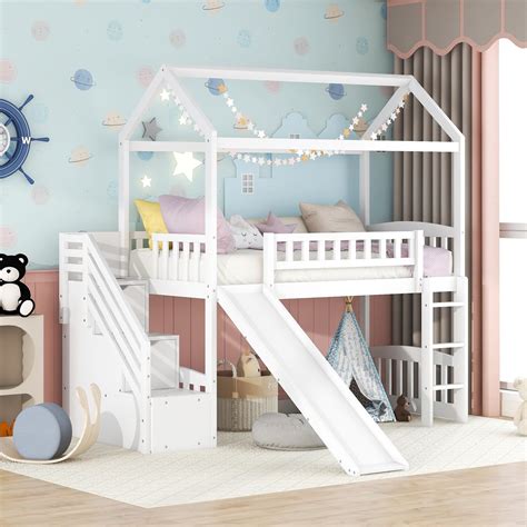 Buy Harper And Bright Designs Loft Bed With Slide House Loft Beds Twin Size With Step Storage