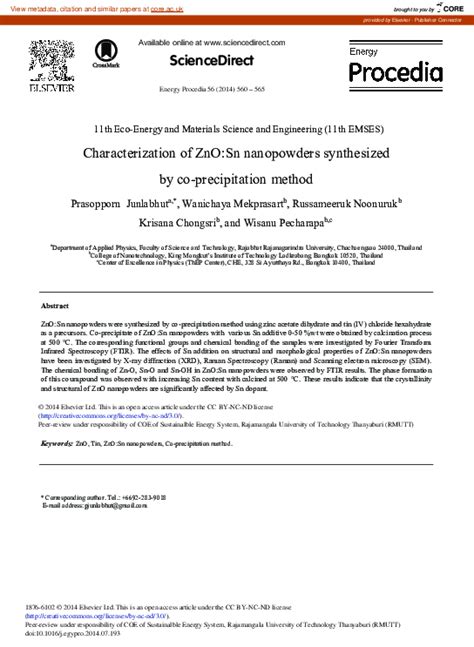 Pdf Characterization Of Znosn Nanopowders Synthesized By Co