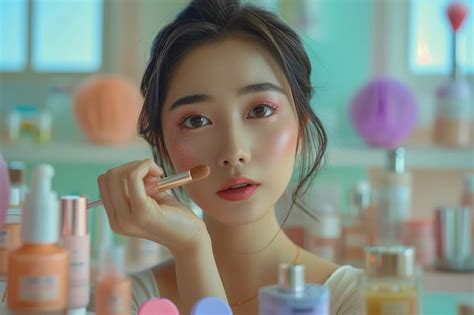 Premium Photo Young Asian Woman Applying Makeup With Brush In Room