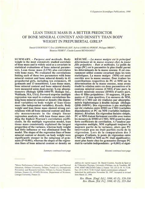 Pdf Lean Tissue Mass Is A Better Predictor Of Bone Mineral Content And Density Than Body