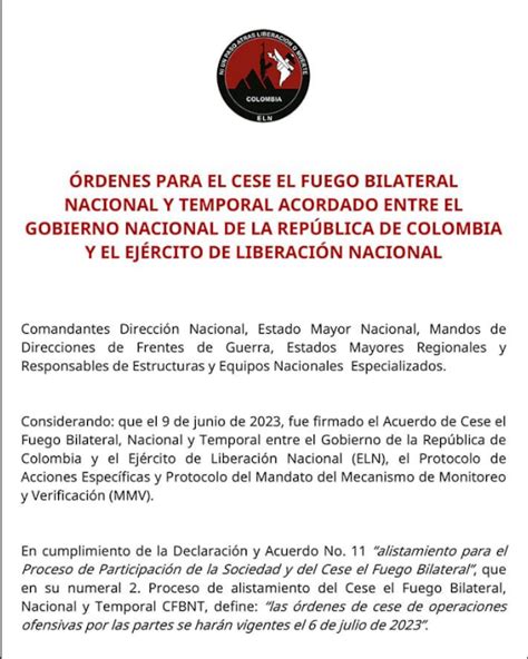 Eln Confirmó Cese Al Fuego Bilateral Desde El 6 De Julio Hasta El 3 De