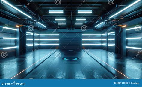 Modern Futuristic Garage Underground Room Interior With Blue Neon