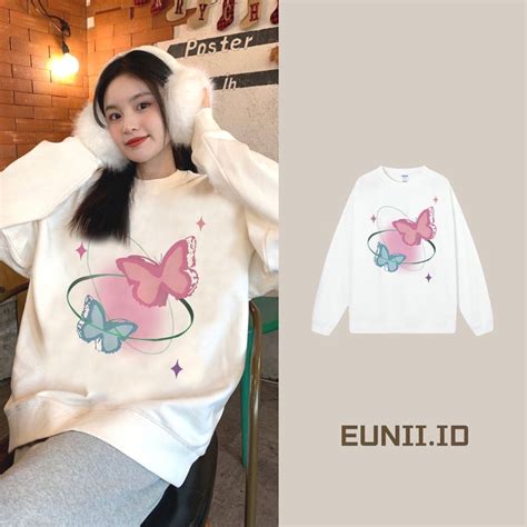 Jual Eunii Sweater Lengan Panjang Cartoon Pink Butterfly Korean Style