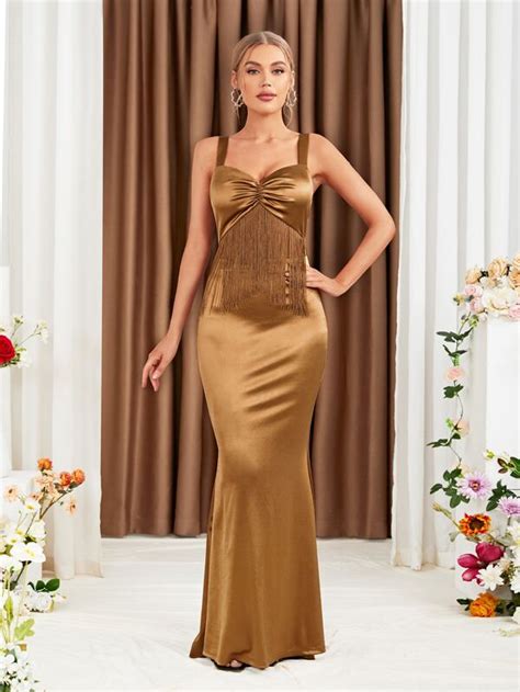 Shein Belle Ruched Bust Fringe Trim Mermaid Hem Satin Bridesmaid Dress