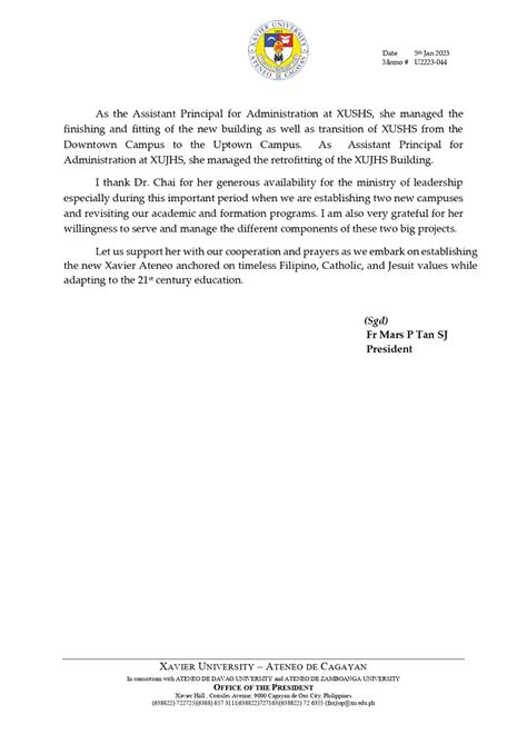 Xavier University Memo U2223 044 — Appointment Of Associate Project