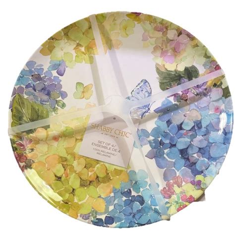 Shabby Chic Blue Hydrangea Butterfly Floral Melamine Dinner Plates Set