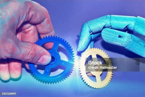 Ai 기계 학습 빅 데이터 네트워크 연결 배경 과학 및 인공 지능 기술 혁신 및 미래 지향에 로봇과 인간의 손 만지는 기어 가상현실에 대한 스톡 사진 및 기타 이미지