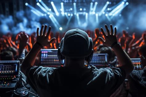 dynamic view from behind dj in action commanding the stage with music