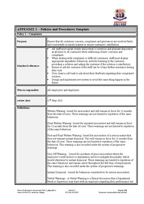 Appendix 2 Policies And Procedures Template Appendix 2 Policies And