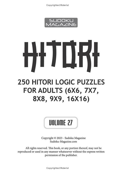 Hitori 250 Hitori Logic Puzzles For Adults 6×6 7×7 8×8 9×9 16×16