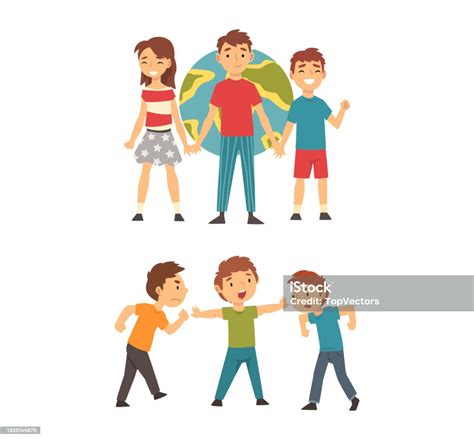 친절하고 공정한 어린 소년과 소녀는 지구를 보호하고 정의 벡터 세트를하고 싸우는 아이들을 중지 손을 아루드 글로브를 들고 개념에