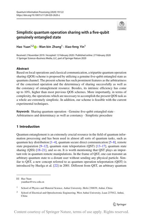 Simplistic Quantum Operation Sharing With A Five Qubit Genuinely Entangled State Request Pdf