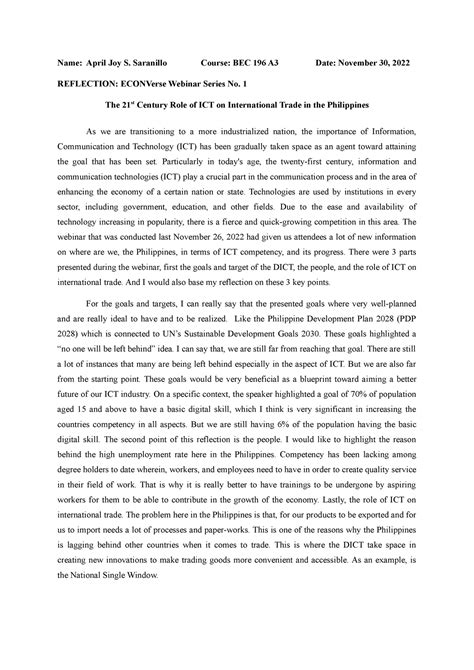 Reflection Webinar Series 2 Name April Joy S Saranillo Course Bec 196 A3 Date November 30