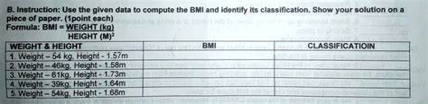 Solved B Instruction Use The Given Data To Compute The Bmi And