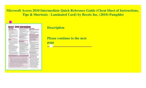 Microsoft Access 2010 Intermediate Quick Reference Guide Cheat Sheet