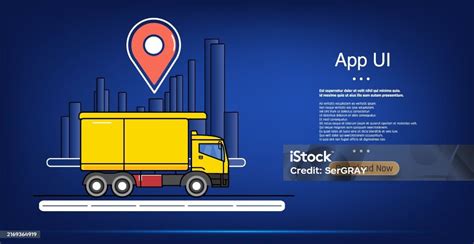 현대적인 도시 풍경 배경 큰 위치 핀이 있는 노란색 배달 트럭 행동 유도 버튼을 특징으로 하는 배달 앱용 다채로운 벡터 배너입니다 앱 디자인 웹 템플릿 또는 디지털 마케팅