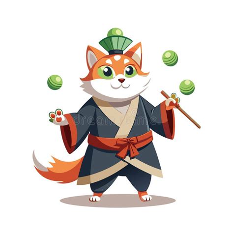 Cartoon Fox Juggling Green Balls In Traditional Asian Clothing