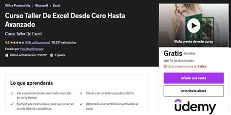 Curso Taller de Excel desde cero hasta avanzado GRATIS con cupón