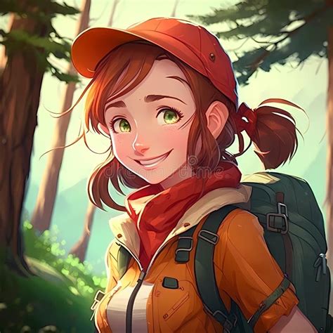 Happy Smiling Girl Adventurer At Forest Generative Ai Stock