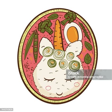 쌀과 야채로 아시아 음식 접시를 낙서하십시오 카와이 유니콘 손으로 그린 그림 색칠하기 귀여운에 대한 스톡 벡터 아트 및 기타