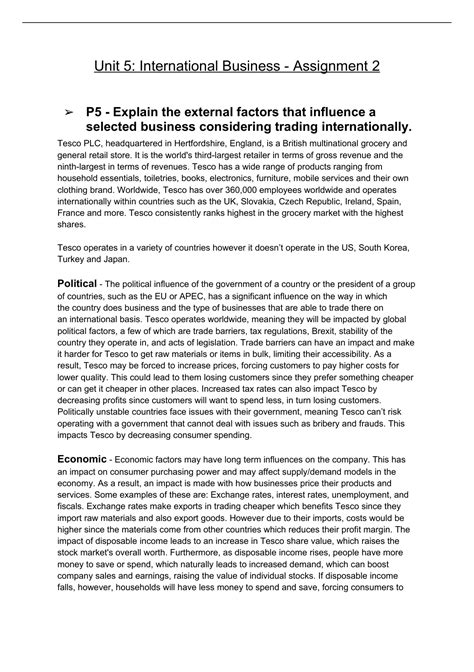 Btec Business Level 3 Unit 5 Assignment 2 Unit 5 International