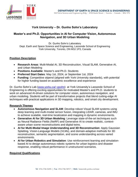 York University Dr Gunho Sohns Laboratory Masters And Phd