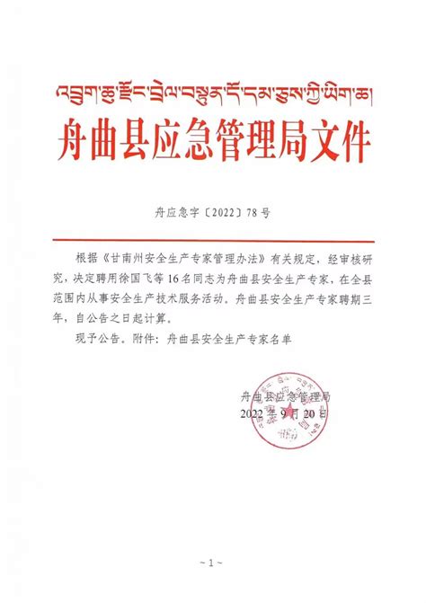 16名！安全生产专家名单公示 舟曲县人民政府