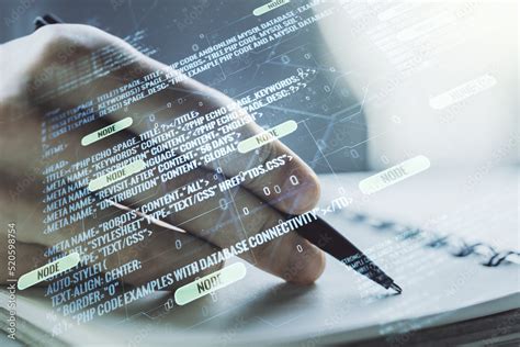 Double Exposure Of Abstract Programming Language With Man Hand Writing