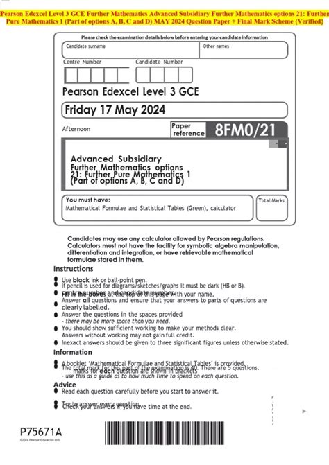 Pearson Edexcel Level 3 Gce Further Mathematics Advanced Subsidiary