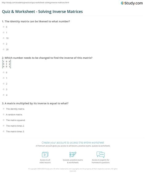 Quiz Worksheet Solving Inverse Matrices Study