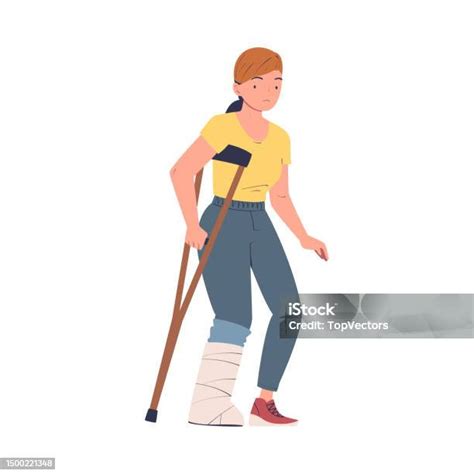 목발을 짚고 서 있는 다리가 부러진 젊은 여자 부상으로 인한 신체 통증을 느끼는 소녀 만화 벡터 삽화 다리 신체 부분에 대한