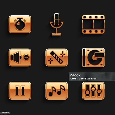 사진 보정 음악 노트 톤 사운드 믹서 컨트롤러 비닐 디스크 일시 정지 버튼 스피커 볼륨 비디오 재생 및 스톱워치 아이콘을 가진 비닐 플레이어를 설정합니다 벡터 Dj에 대한