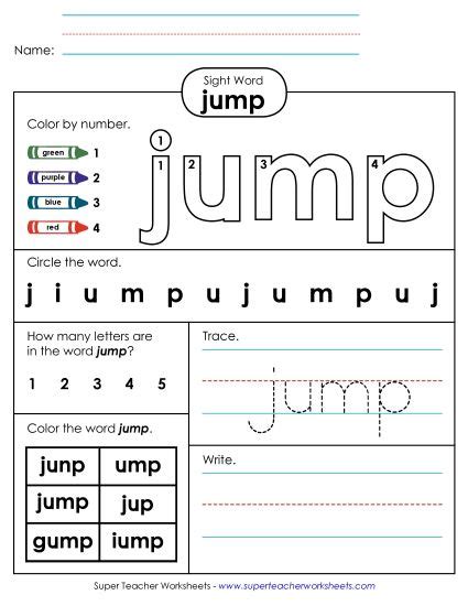 Worksheet 4 Jump Printable Sight Words Individual Colorbynumber Pdf