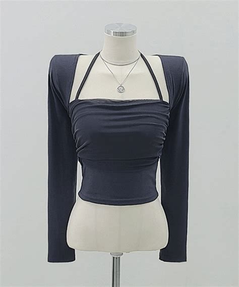 일체형🩶발레코어y2k빈티지섹시스트릿힙한유니크글램번따룩하이틴 셰도 슬림핏 레이스 셔링 페이크 레이어드 스퀘어넥 탑 초커 홀터넥 볼레로 크롭 긴팔티셔츠