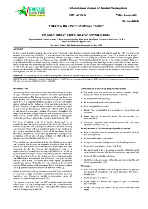 Pdf A Review On Fast Dissolving Tablet