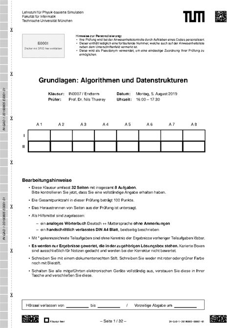 Grundlagen Algorithmen Und Datenstrukturen Altklausur TUM Sommer