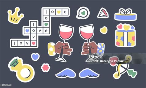트렌디 한 만화 스티커 발렌타인 데이 라벨 세트 손으로 그린 Doodle Valentine 요소 와인잔을 들고 있는 두 손 십자말 풀이 반지 선물 상자 큐피드 화살 하트